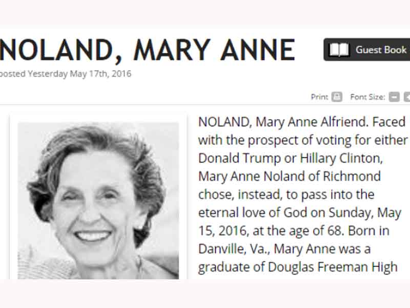 Obituario: Mujer prefirió morir que votar a Trump o Clinton - Norte de ...